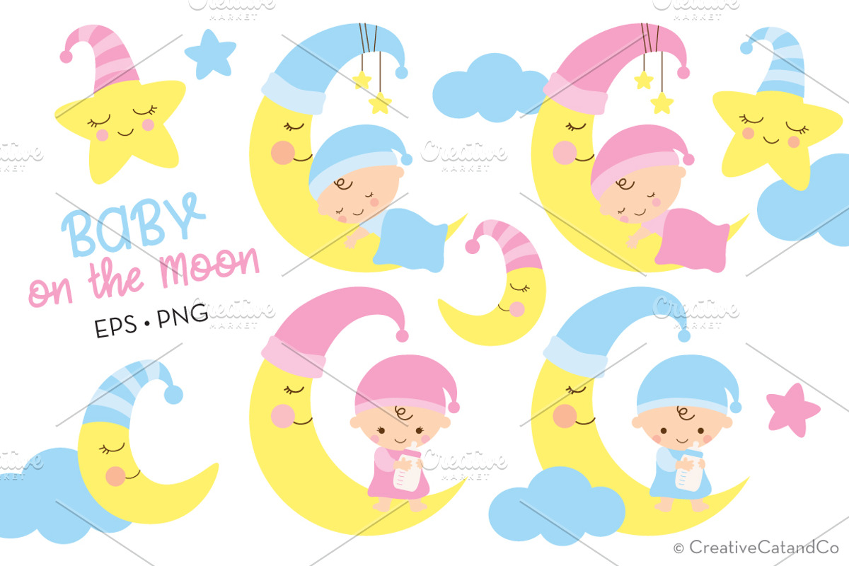 Baby Moon Star Vector EPS PNG, a Person Illustration by CreativeCatandCo