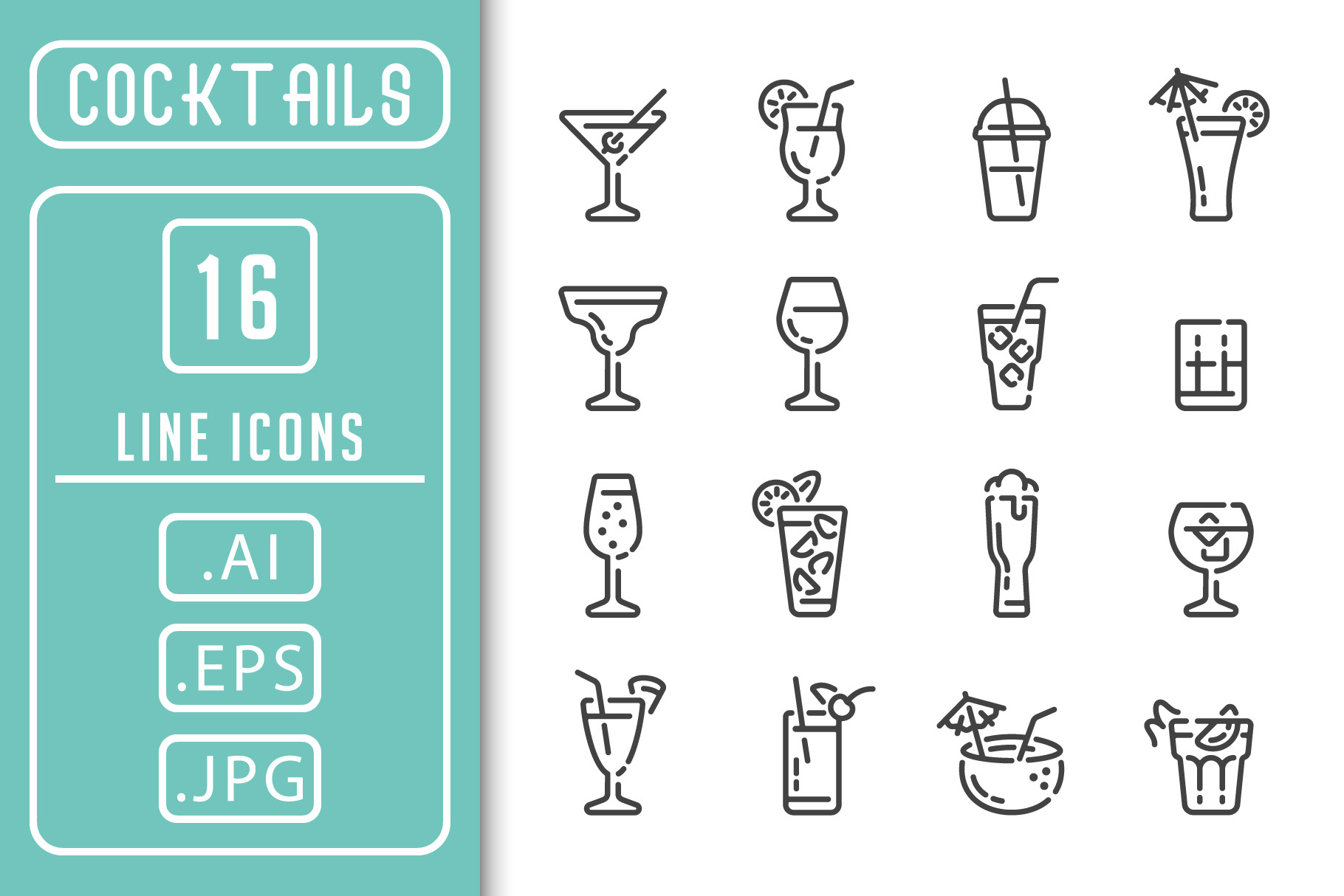 Set of 16 cocktails outline icons, an Outline Icon by 10PA | Creative ...