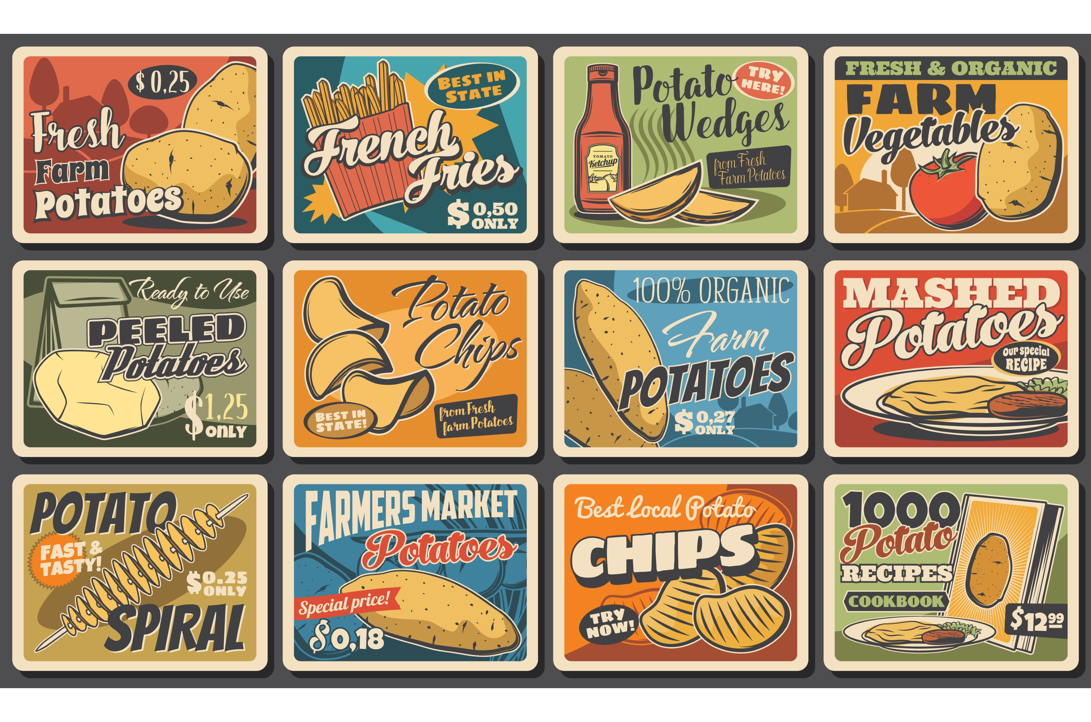 Potato food and meals, posters, a Food Illustration by Vector Tradition ...