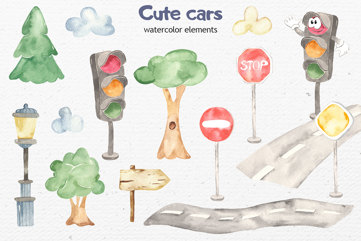 Cute cars Watercolor clipart, an Education Illustration by Marina Ermakova