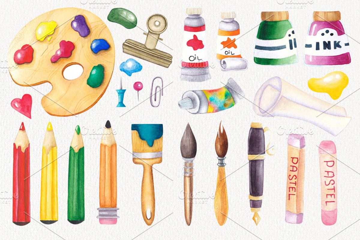 Watercolor artist's tools clipart., a Graphic by NinaBrai