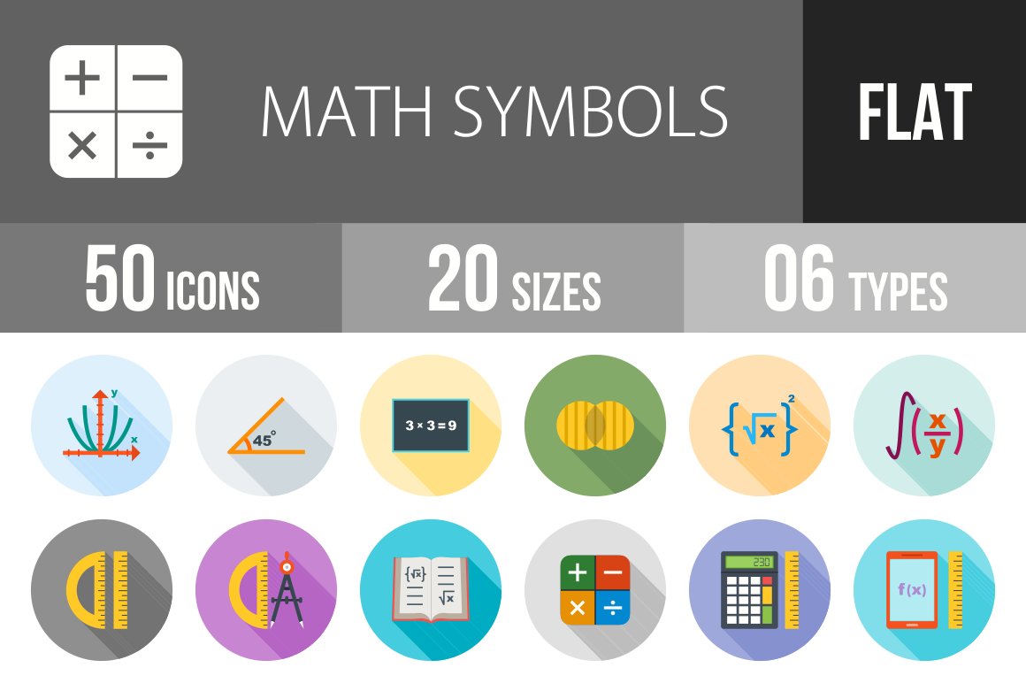 50 Math Symbols Flat Shadowed Icons, an Icon by IconBunny