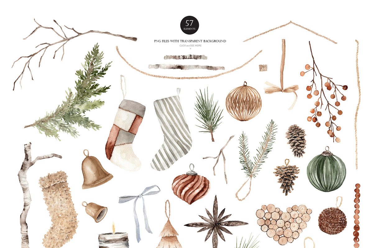 Watercolor Clipart -RUSTIC Christmas, a Decorative Illustration by ...