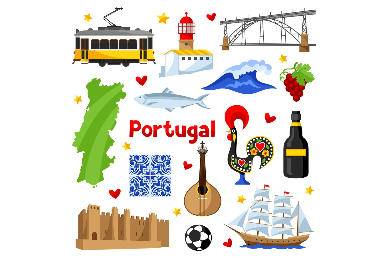 Portugal icons set. Portuguese national traditional symbols and objects ...