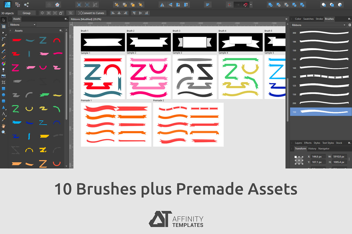 Ribbon Brush Pack for Affinity Apps, a Brush Add-On by Affinity Templates