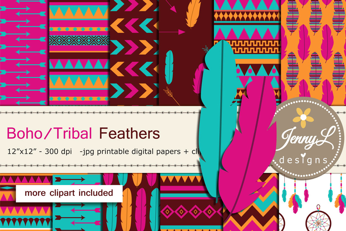 Boho Feather Digital Papers Clipart, a Pattern Graphic by JennyL Designs