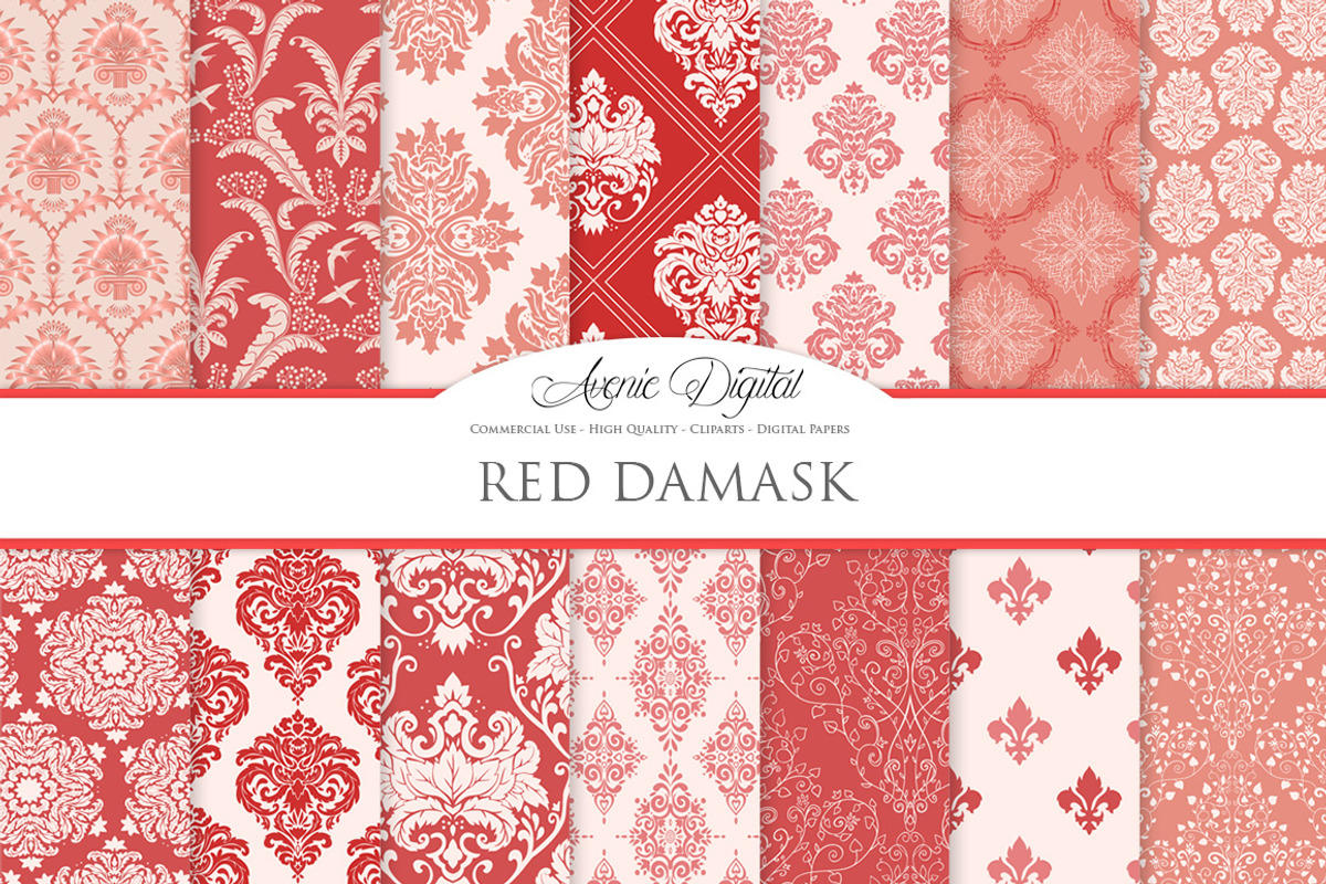 28 Red Damask Digital Papers, a Pattern Graphic by Avenie Digital