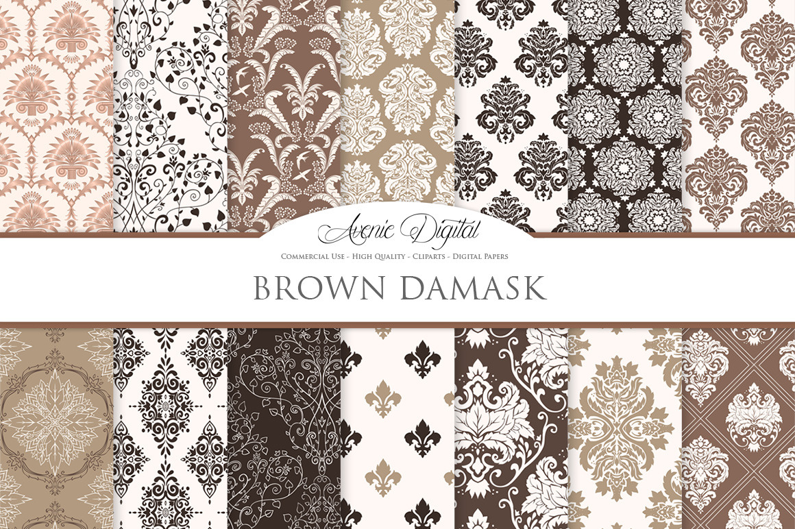 28 Brown Damask Digital Papers, a Pattern Graphic by Avenie Digital