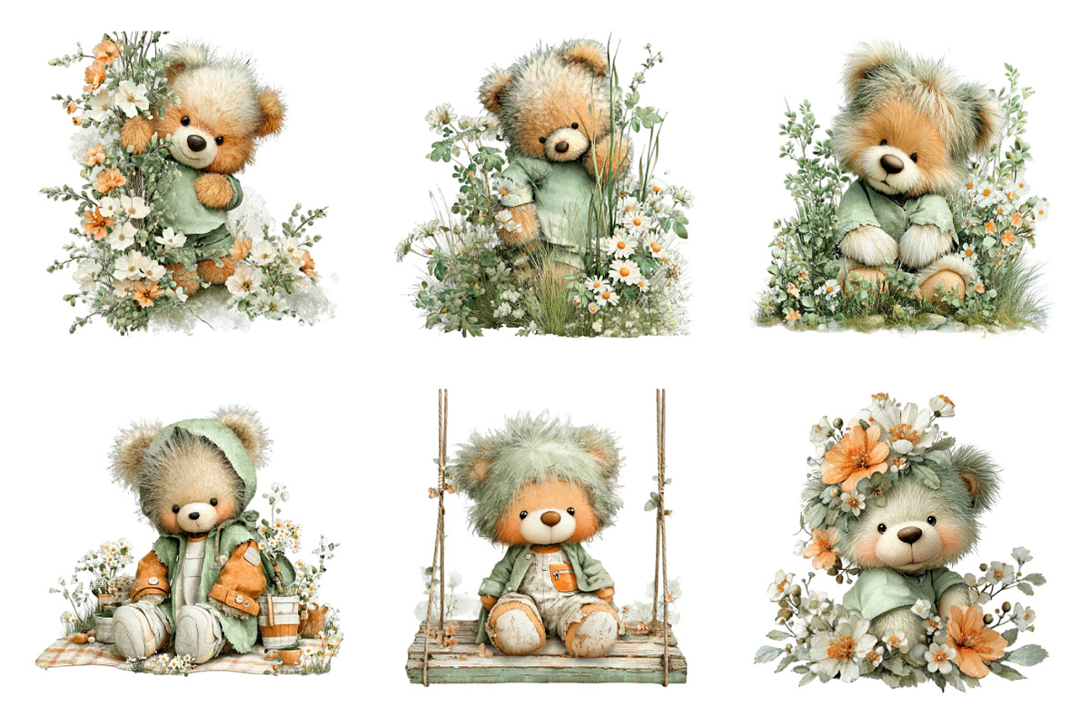 Spring Teddy Bear Clipart Set Bundle, an Illustration by SinaCreation