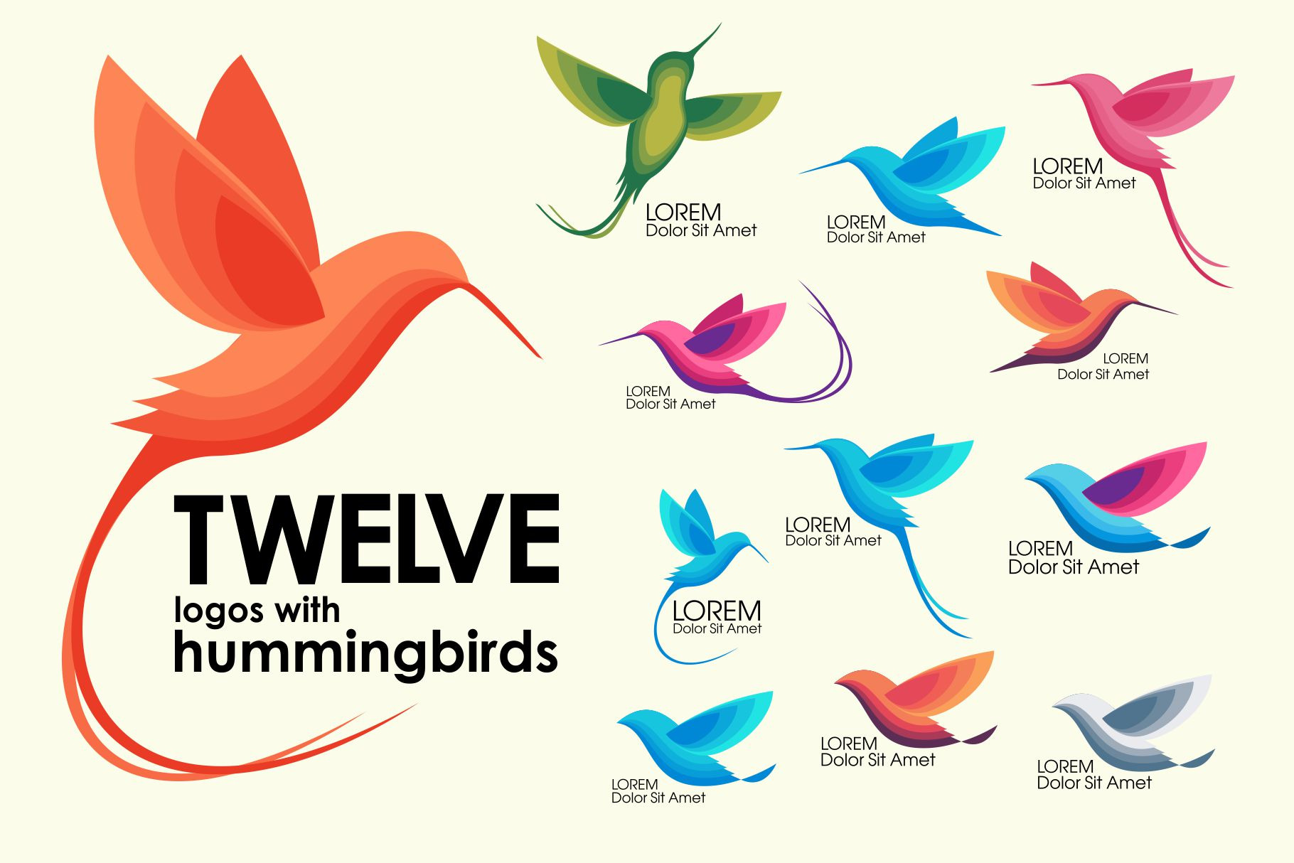 Twelve logos with hummingbirds, a Branding & Logo Template by Pgmart