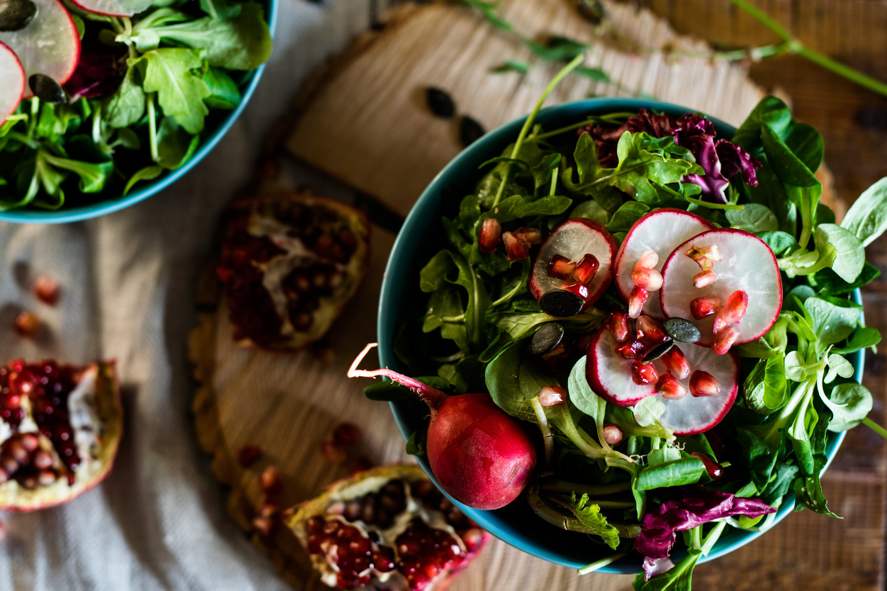 Rustic bowls of salad with radish featuring salad, food, and lettuce, a ...