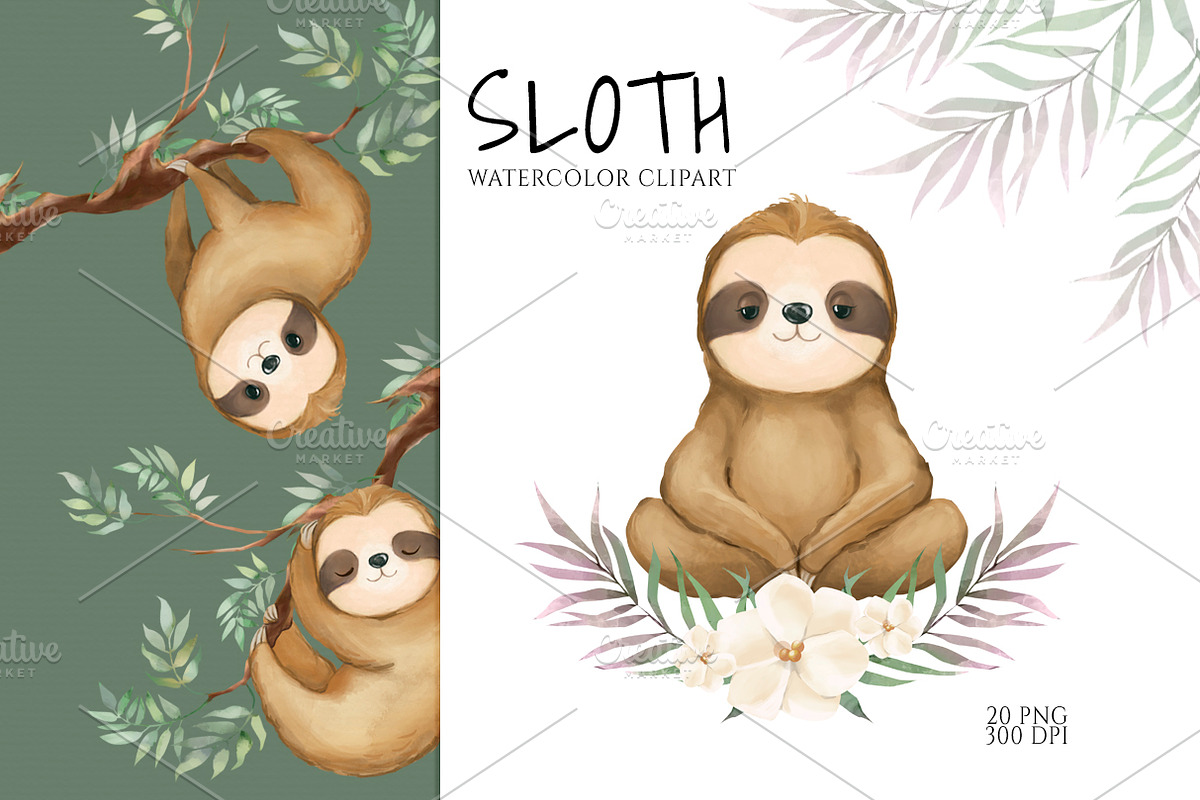 Cute Sloth Watercolor Clipart, an Animal Illustration by StudioBeeArt