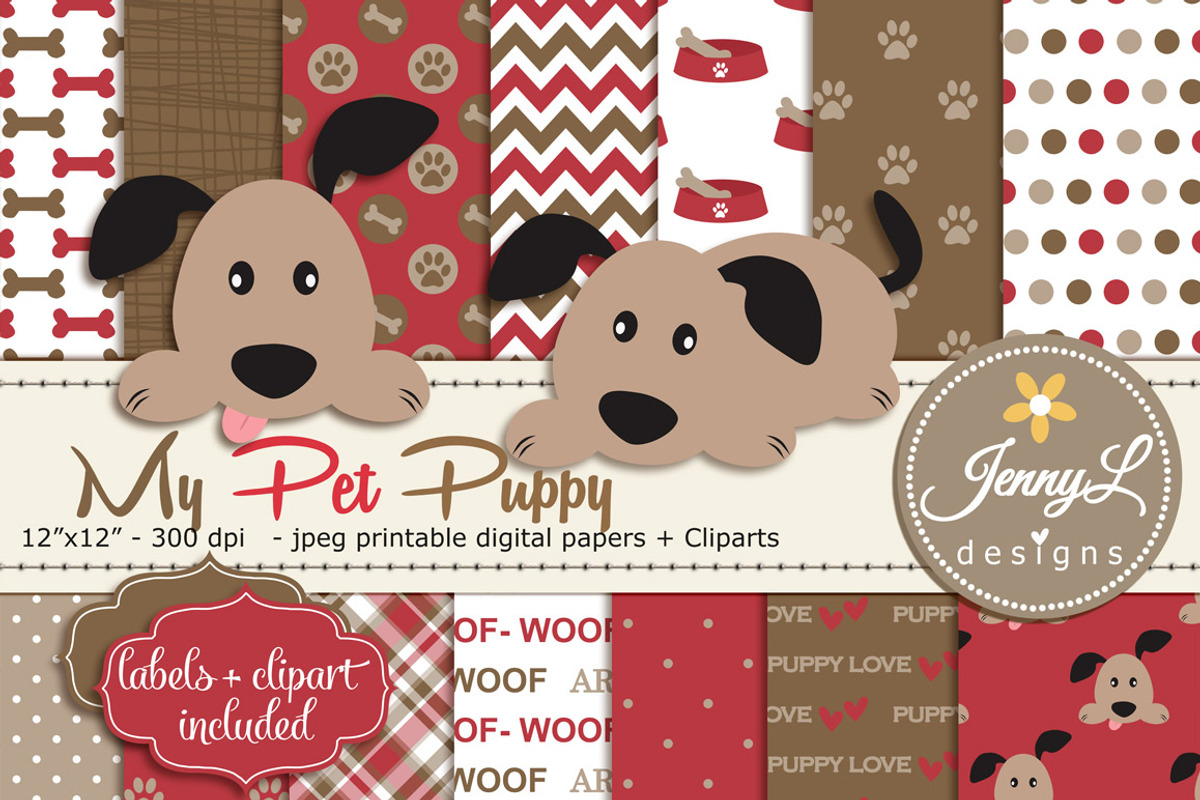 Puppy Dog Digital Papers, a Pattern Graphic by JennyL Designs