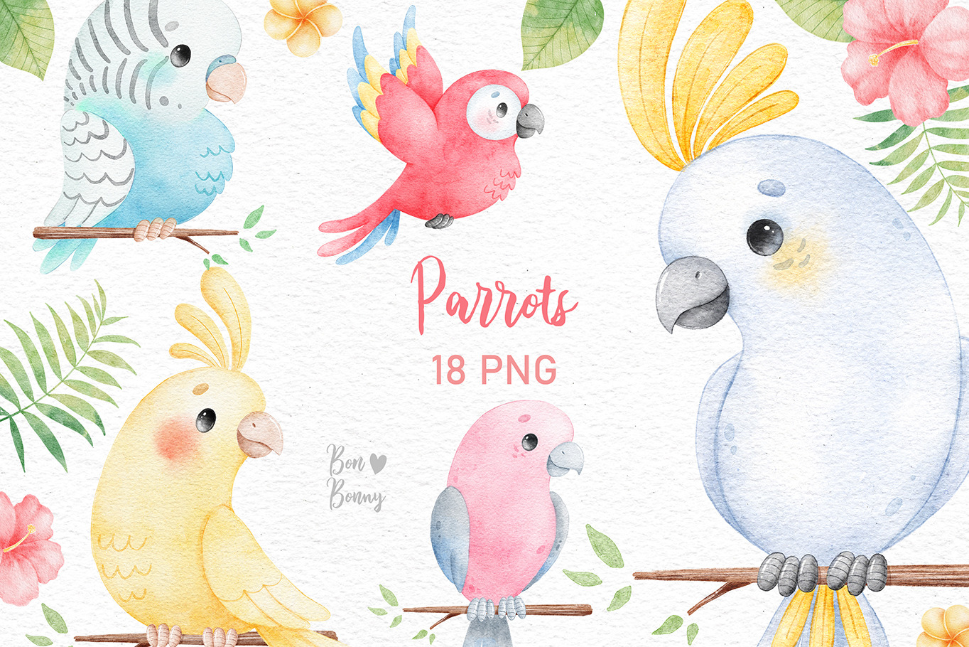 Cute Watercolor Parrots Clipart, an Animal Illustration by BonbonnyDesigns
