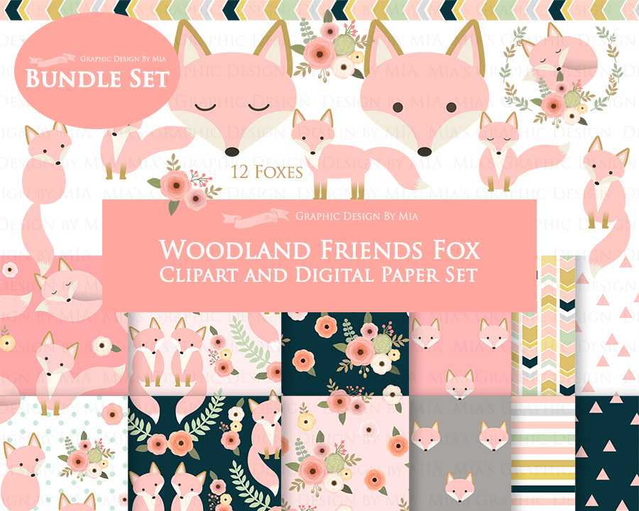 Pink Fox Clipart+Pattern, an Animal Illustration by Mia's Graphic Design
