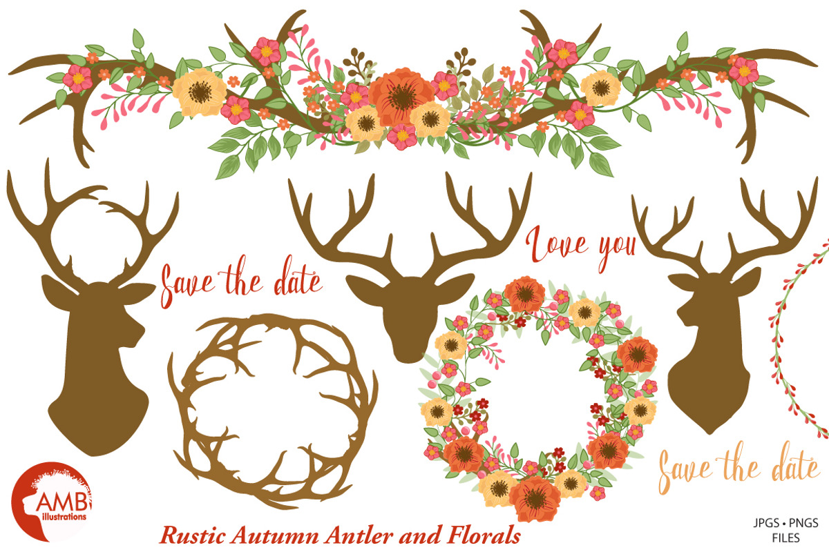 Floral Deer Antlers Clipart, 1488, an Illustration by AMBillustrations