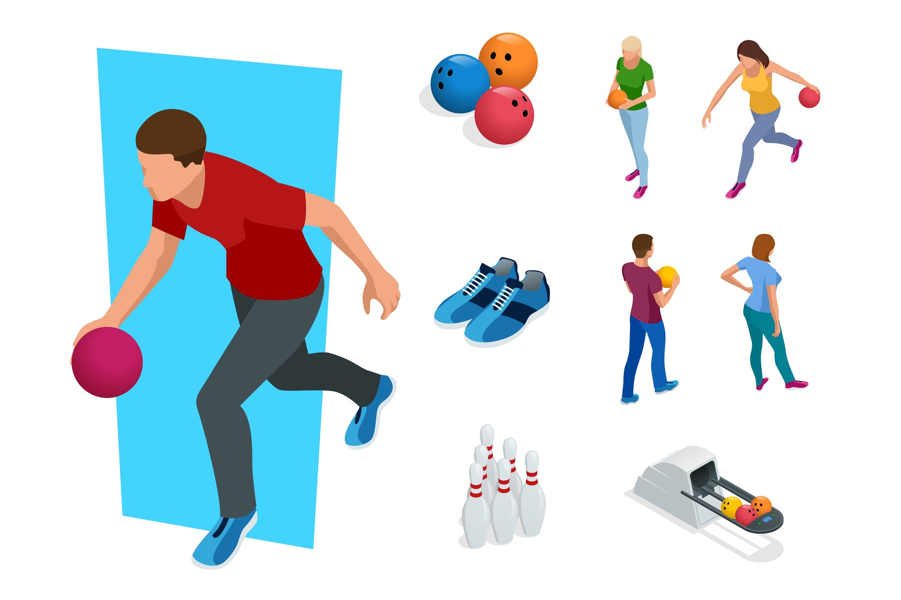 Isometric Bowling realistic icons set with game equipment, cafe tables ...