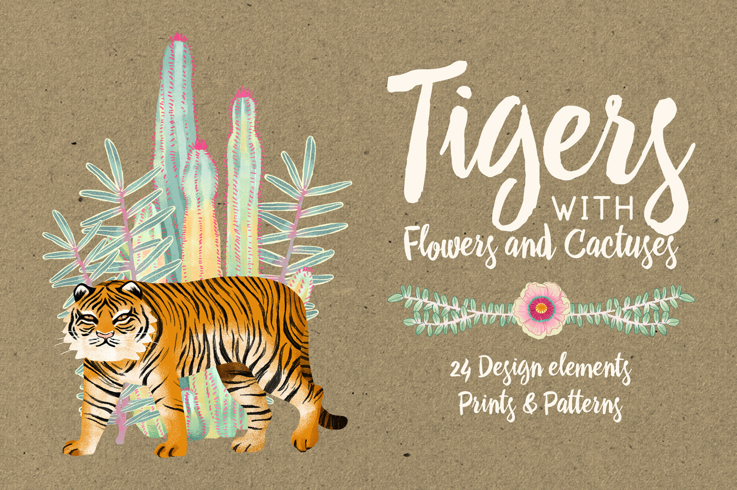Tigers with flowers & cactus, an Animal Illustration by NKTN