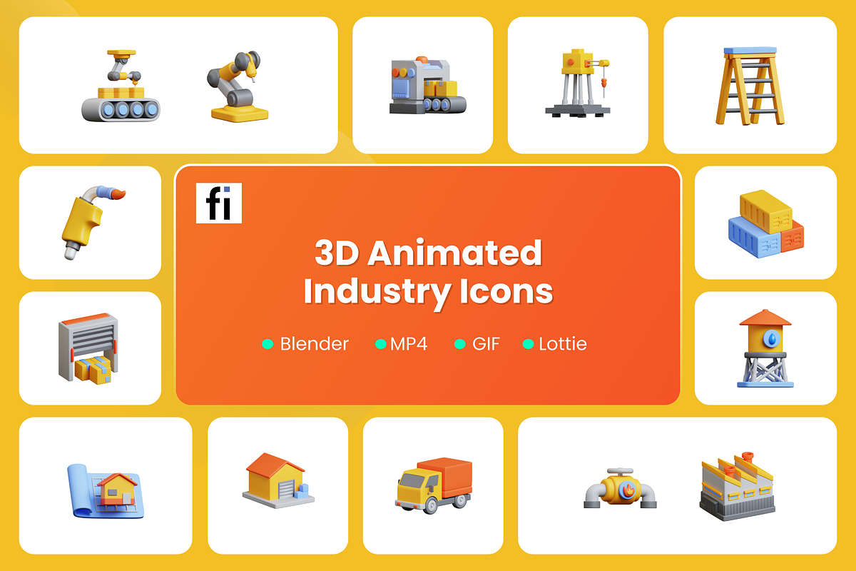 3D Animated Manufacturing Icon Set, a Scene 3D Model by Flat Icons