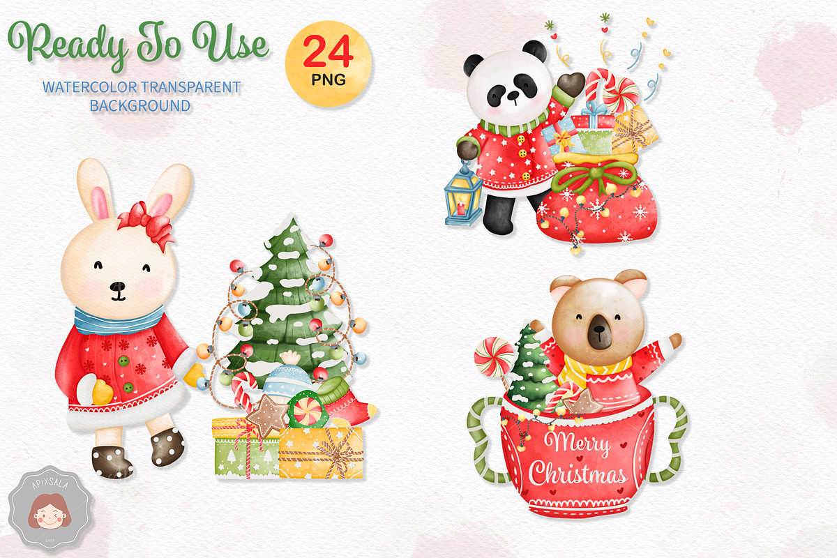 Watercolor Christmas Santa Animals, an Animal Illustration by Apixsala