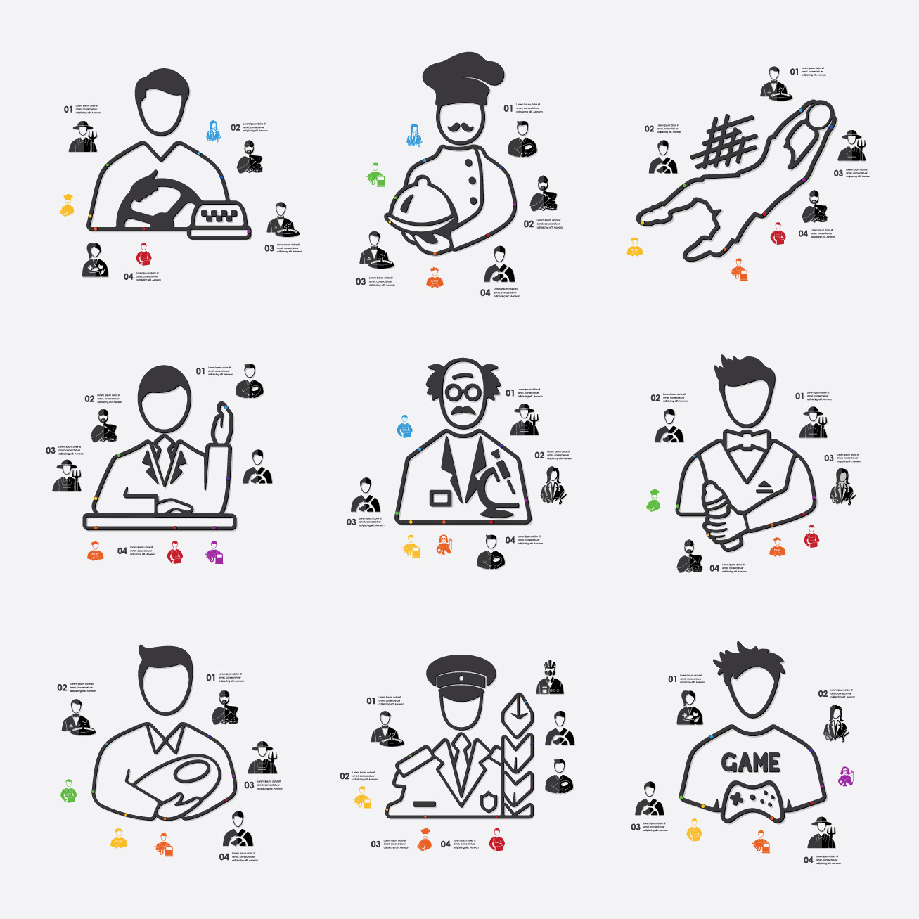 9 professions infographics, a Person Illustration by Palau