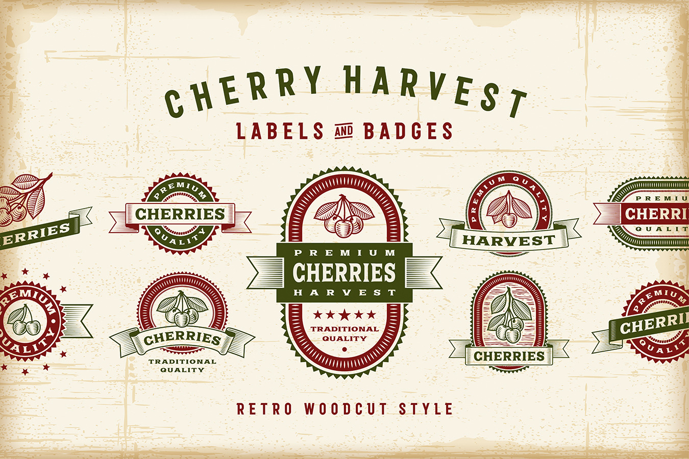 Vintage Cherry Labels Set, a Food Illustration by Retro Graphics