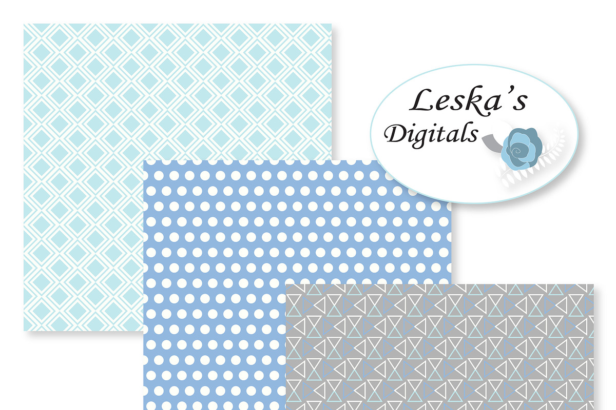 Geometric Digital Paper Blue & Grey, a Pattern Graphic by Leska's Digitals