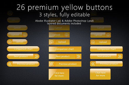 26 glossy yellow gold buttons, an UI Kit Template by DutchDigitalDesign