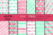 Pink & Mint Watercolor Digital Paper, a Pattern Graphic by adorkible