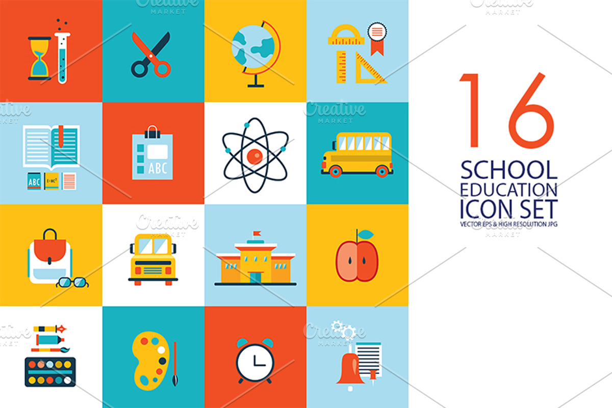 16 school & education flat icons set, an Education Illustration by Anttoniu