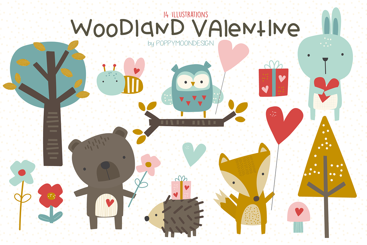 Woodland Valentine clipart set, an Animal Illustration by Poppymoondesign