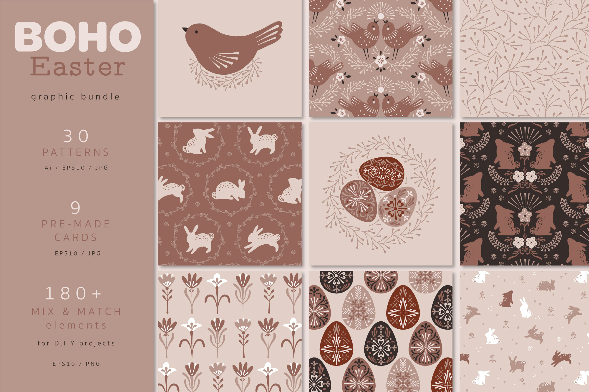 Bohemian Easter clipart & pattern set