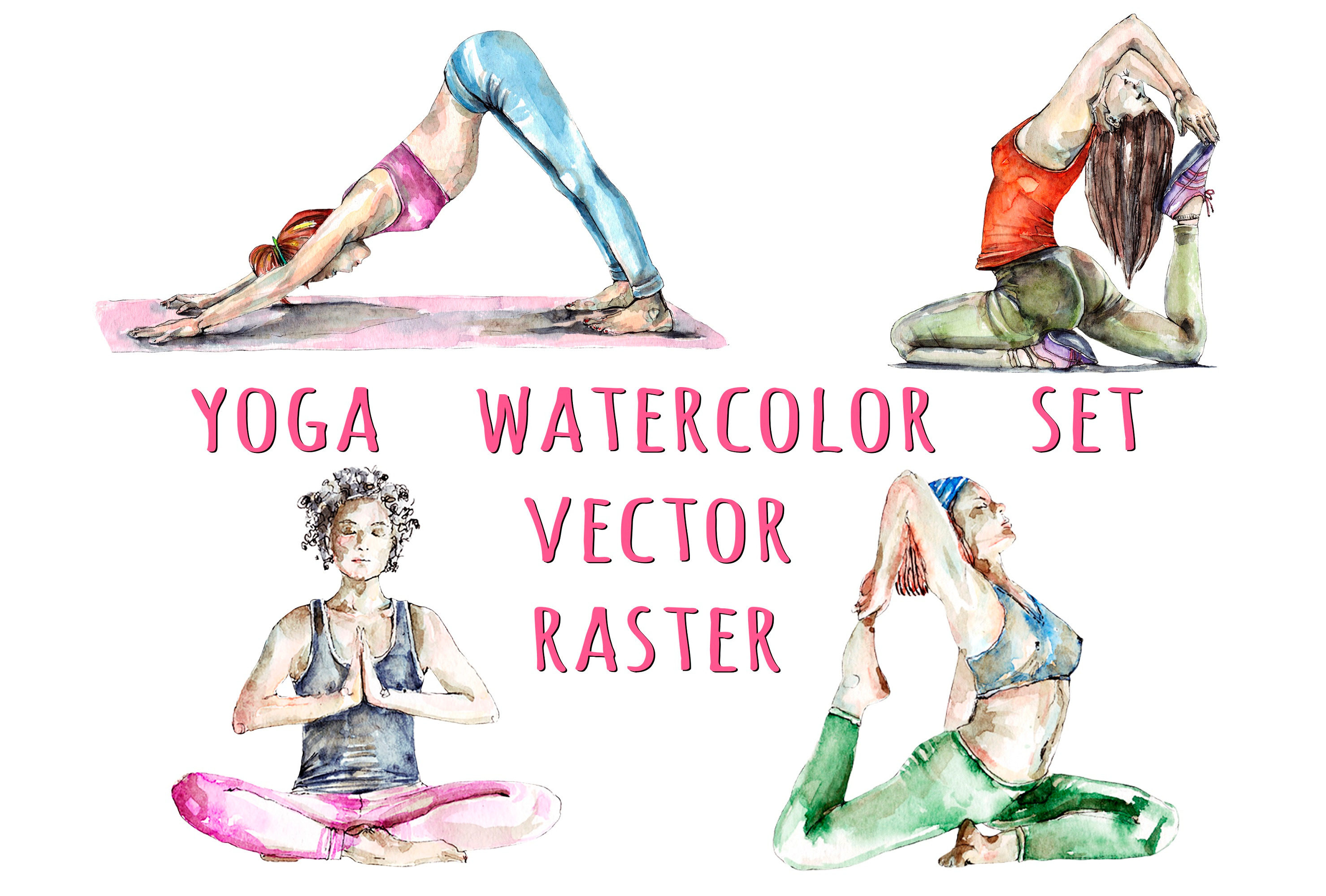Yoga poses set (vector, raster), an Illustration by Watercolor_Vector ...