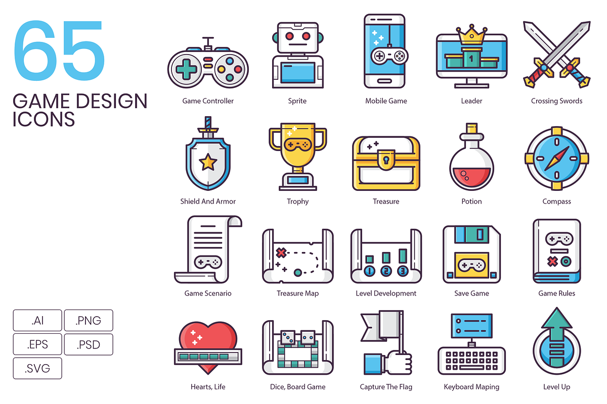 65 Game Design Icons, an Icon by Flat Icons