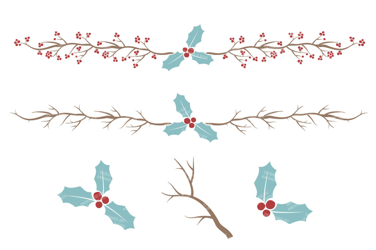 Red & Blue Christmas Holly Clipart, an Illustration by Amanda Ilkov