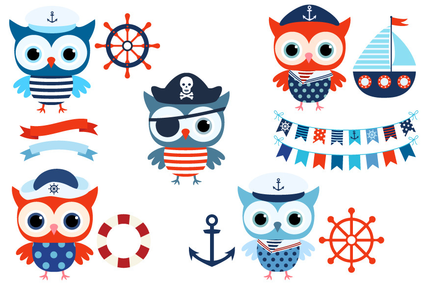 Nautical sailor owl clip art set, an Animal Illustration by Pravokrugulnik
