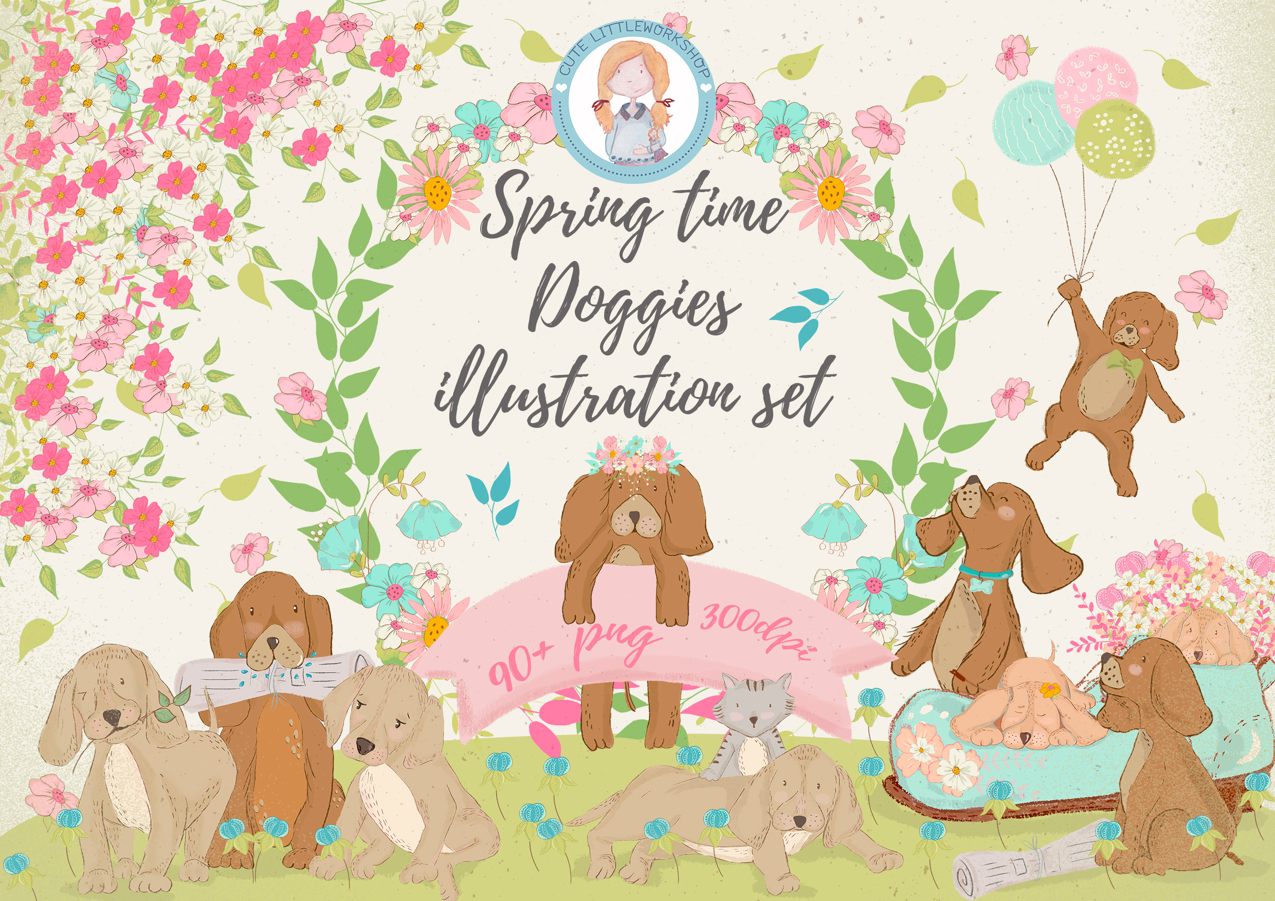 Spring time Doggies illustration set | Animal Illustrations ~ Creative ...