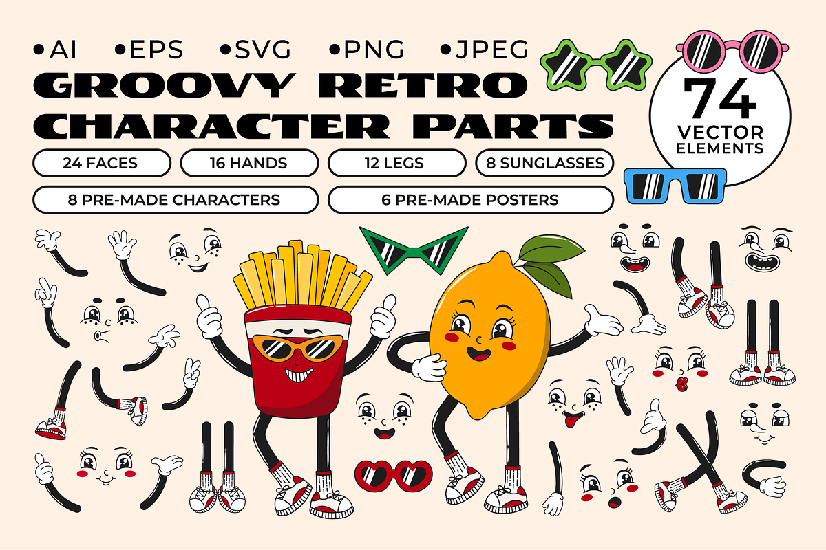 Groovy Retro Character Parts Kit, an Object Graphic by semenova.sense