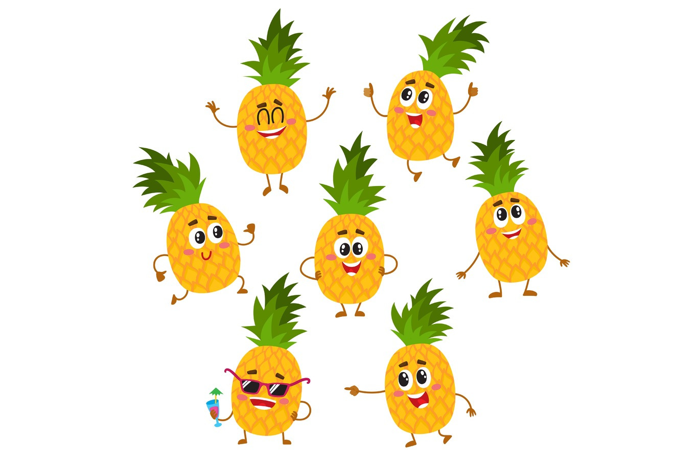 Set of cute and funny pineapple characters with happy faces | Food ...