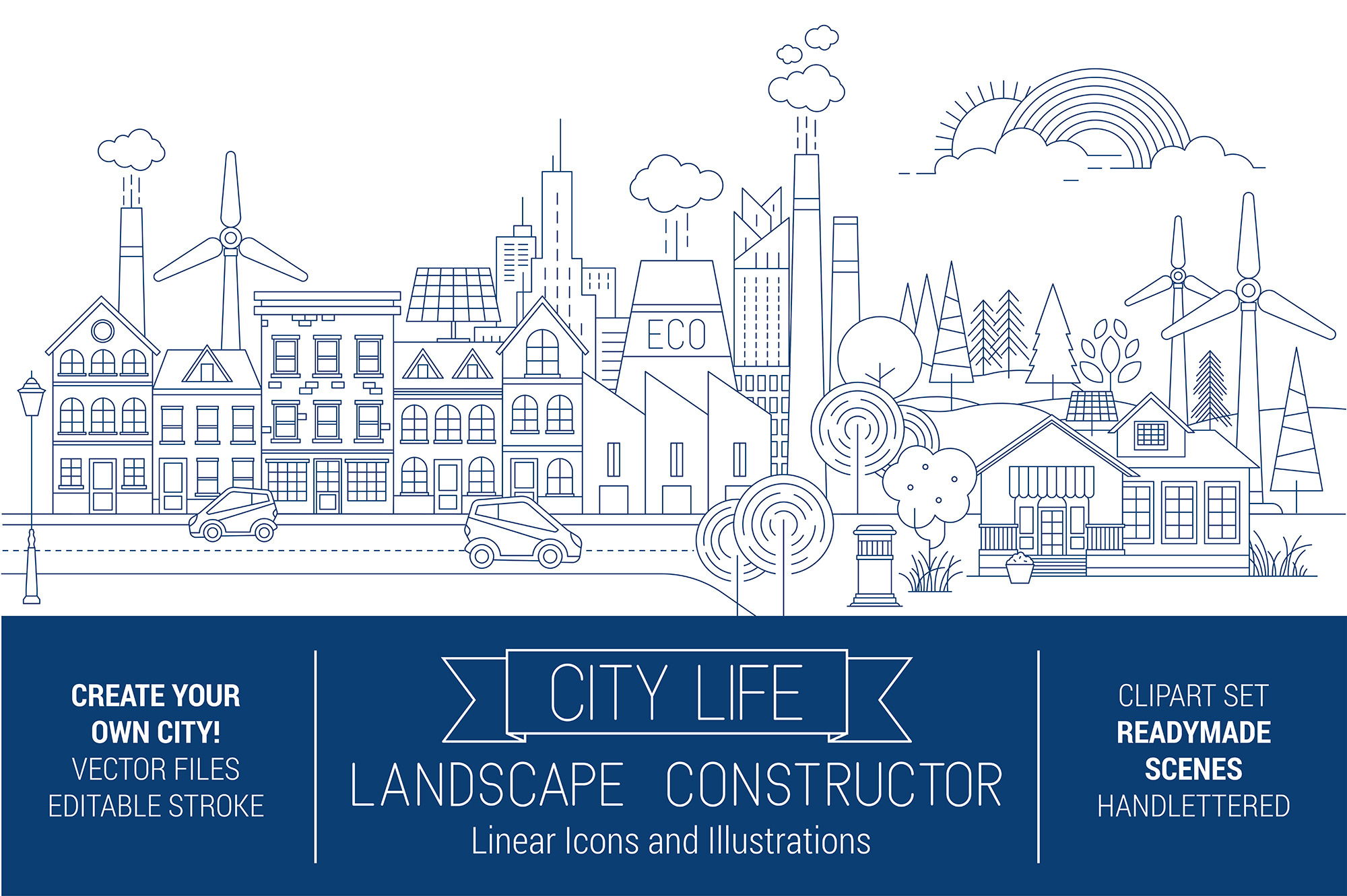 City Skyline Line Art Graphic Kit, an Education Illustration by Pingebat