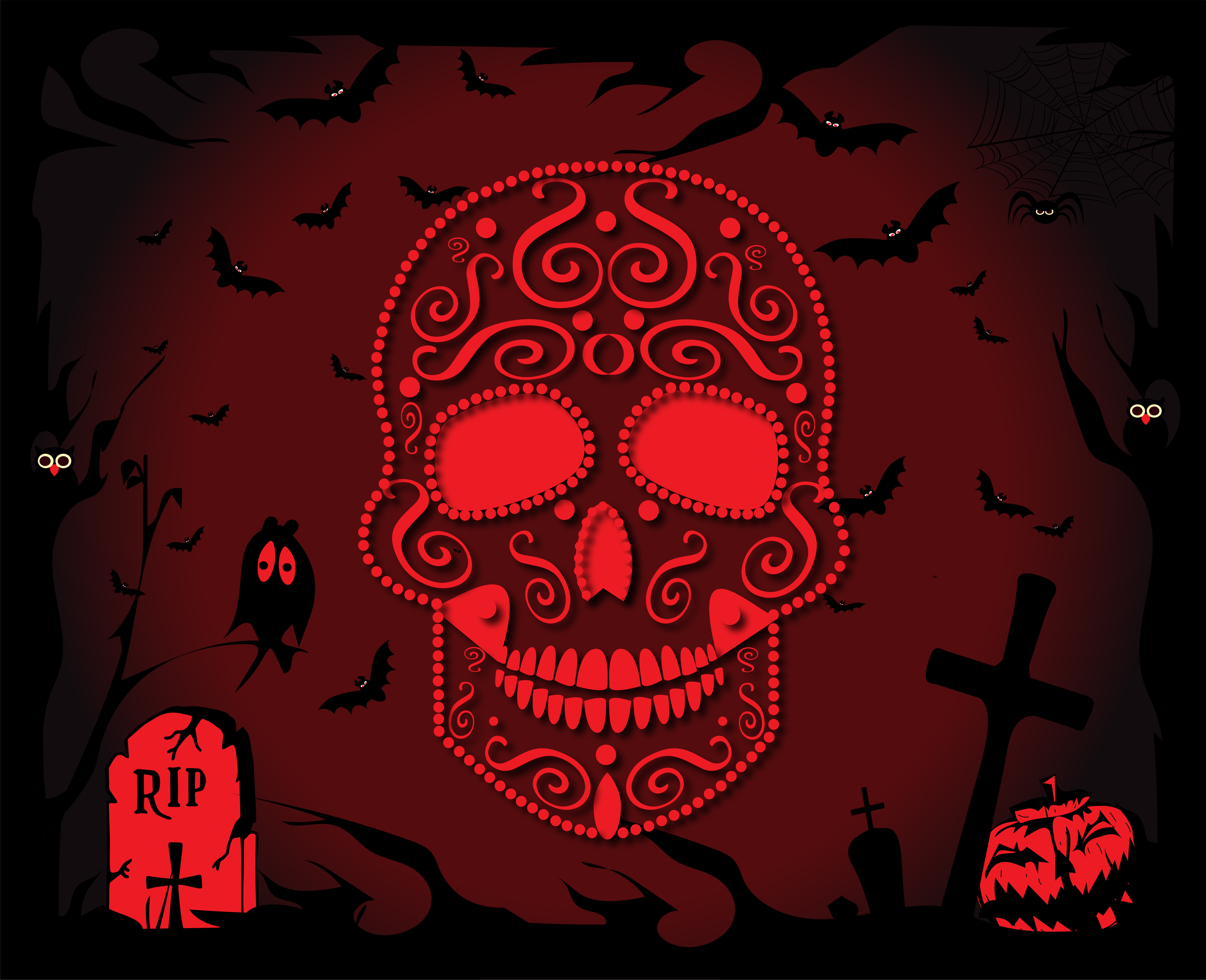 Skull Happy Halloween red, a Seasonal Illustration by TeaGraphicDesign