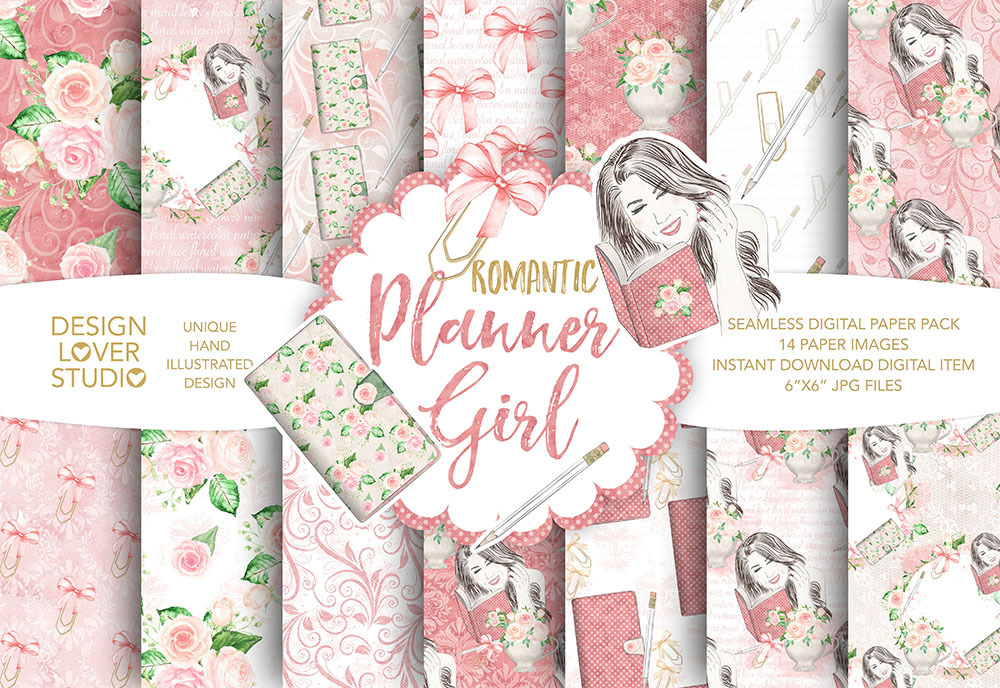 Planner Girl digital paper pack, a Pattern Graphic by designloverstudio