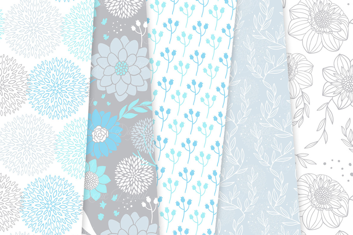 Blue and Gray Floral Vector Patterns, a Pattern Graphic by Avenie Digital