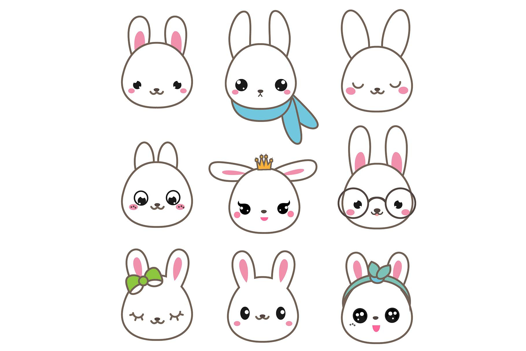 Cute rabbits. Kawaii Bunny faces, an Icon by Bunny's Little Shop
