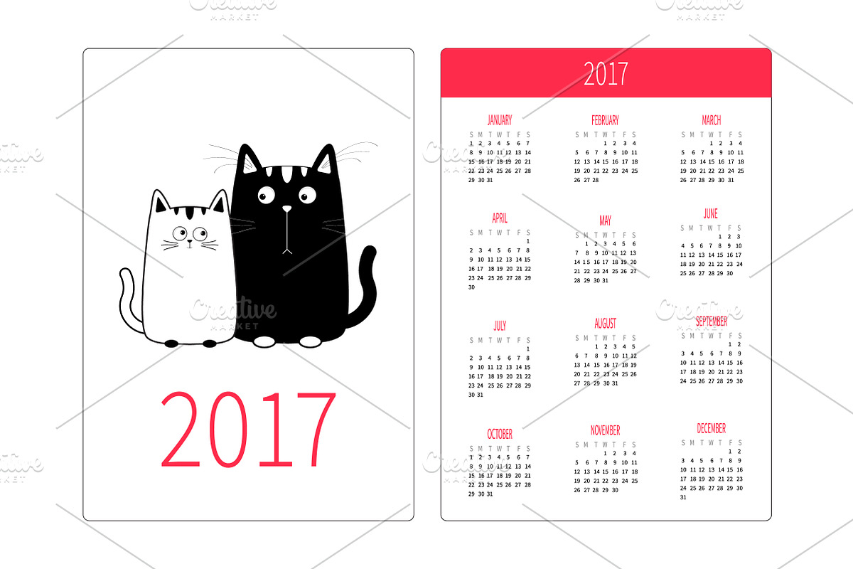Calendar 2017 with cats, an Animal Illustration by Worldofvector ...