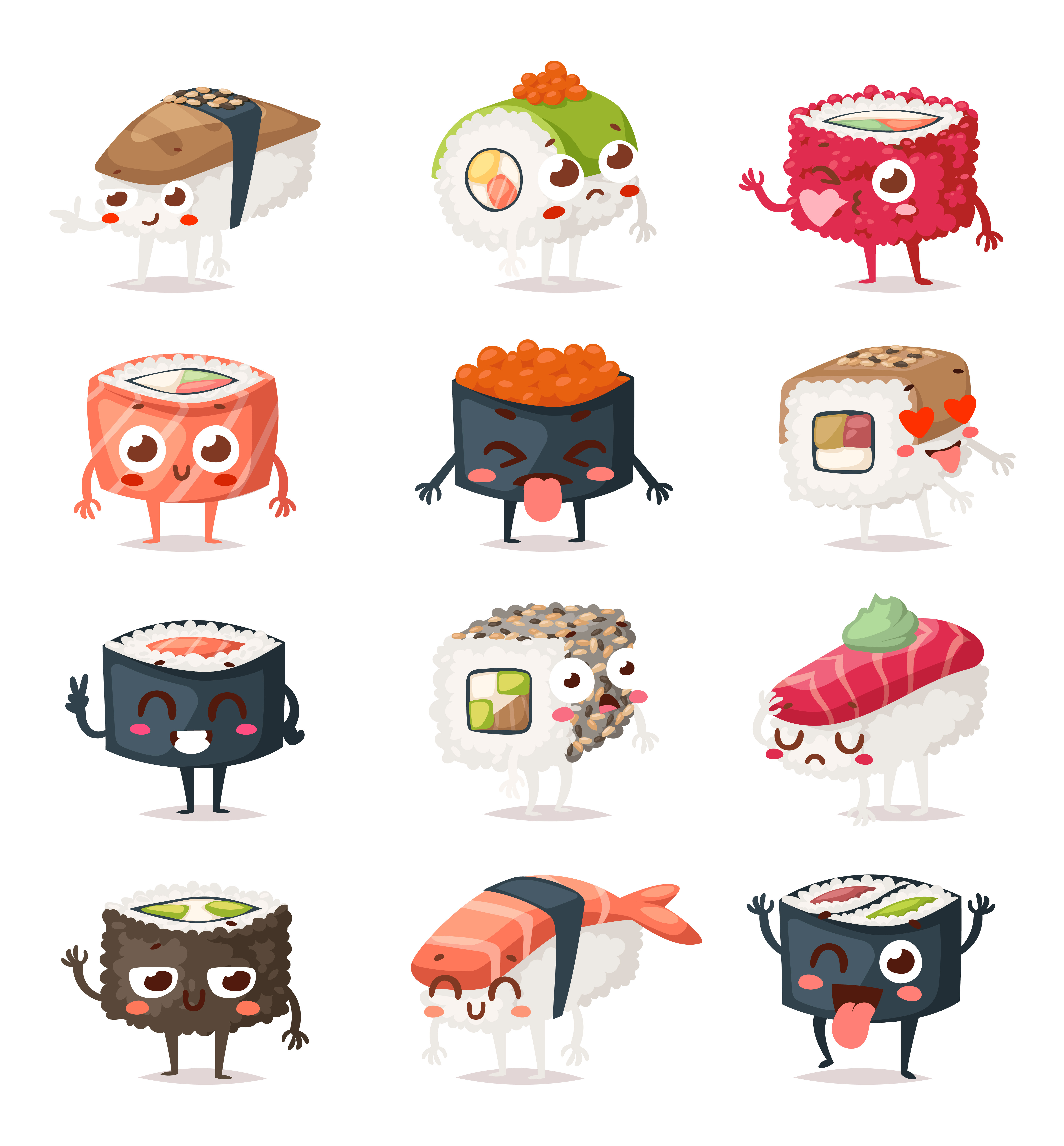 Sushi characters vector set, a Food Illustration by Vectorstockersland