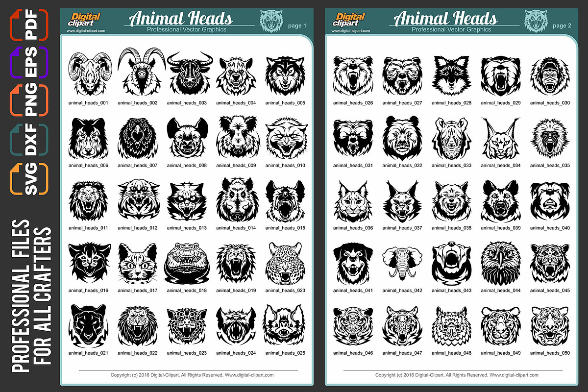 Head Animals - set 50 img, an Animal Illustration by Digital-Clipart