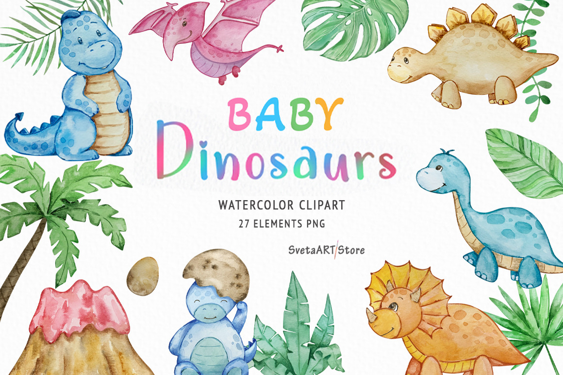 Watercolor baby Dinosaur Clipart, an Object Graphic by SvetaArtStore