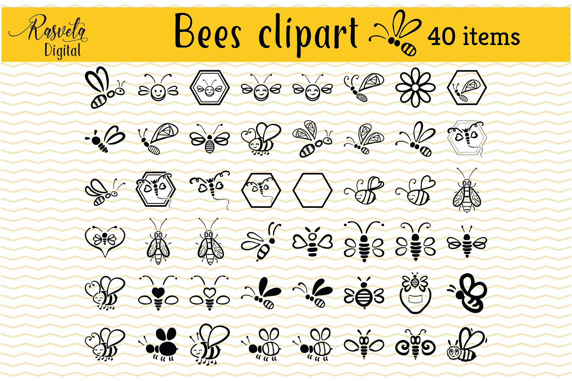 Honey 40 Bees Clip Art, an Animal Illustration by Rasveta