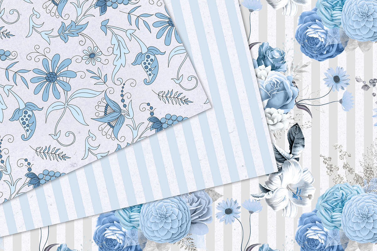 Blue Floral Digital Paper, a Pattern Graphic by Digital Curio